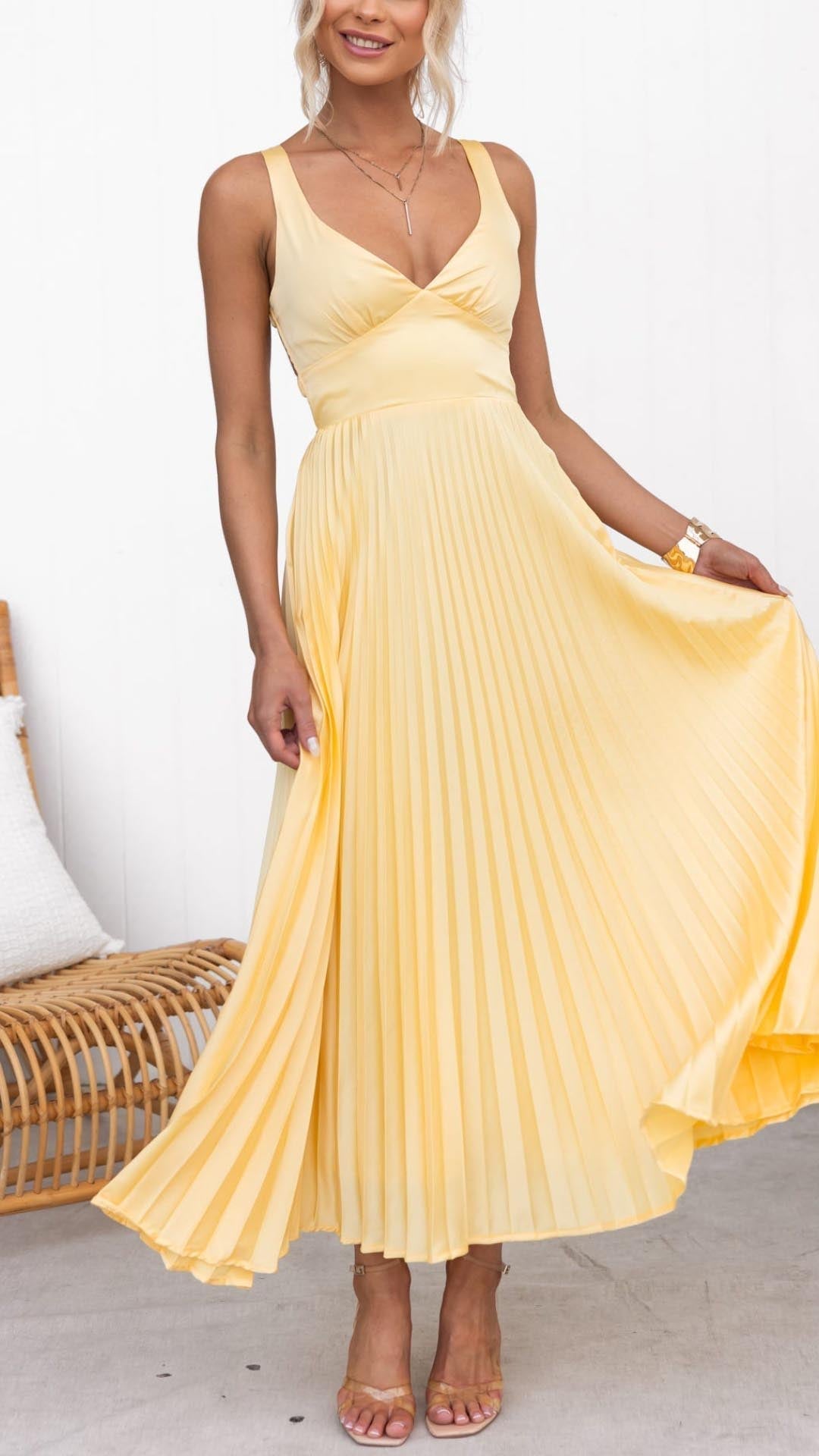 Eline | Elegant long dress with V-neck and pleated skirt – Primrose Sydney